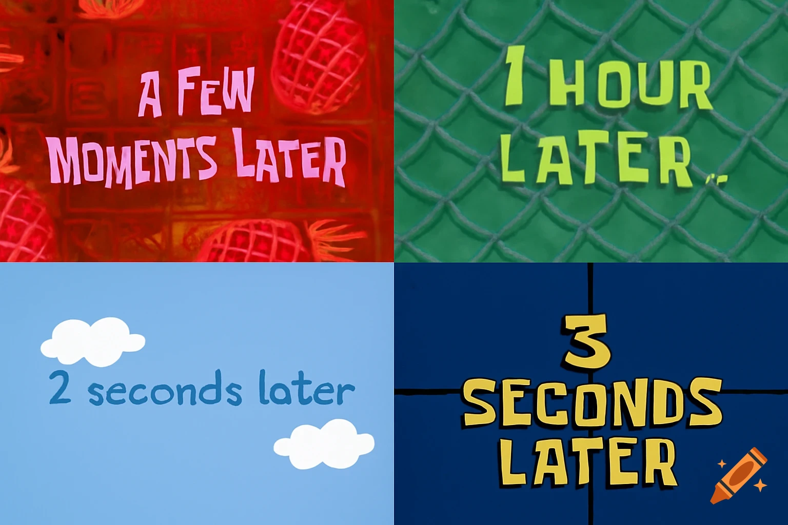 Four panel meme showing time cards from Spongebob, The Simpsons, Peppa ...