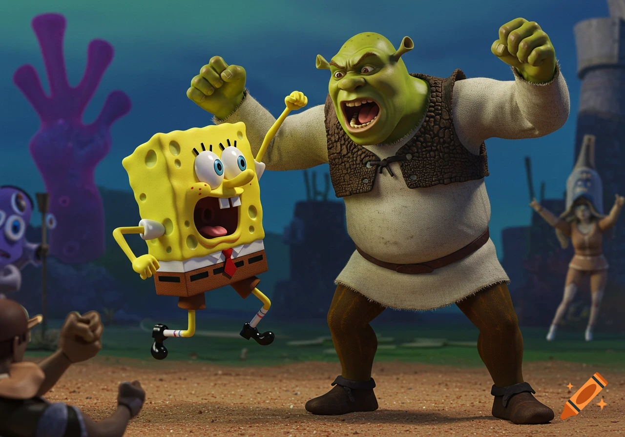 Spongebob Squarepants and Shrek fighting in a 3D rendered scene. on Craiyon