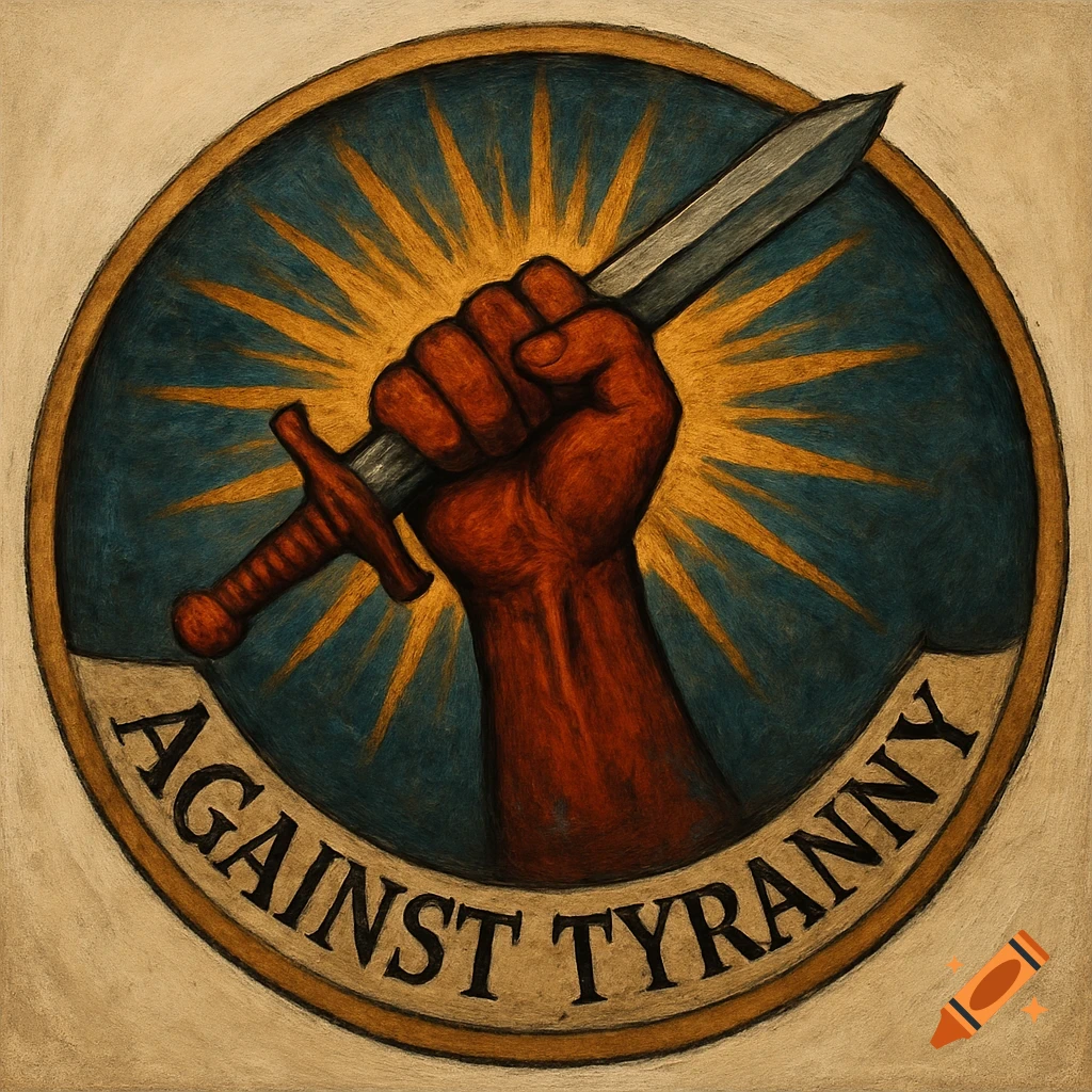 Emblem with red fist holding a sword, sunburst background, text ...