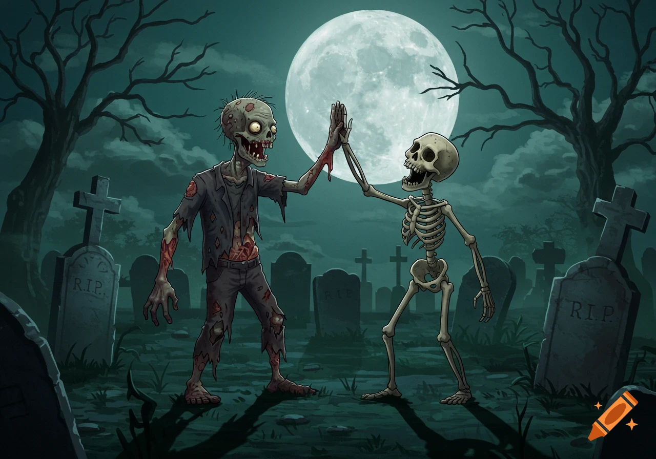 A zombie high-fiving a skeleton in a graveyard under a full moon ...