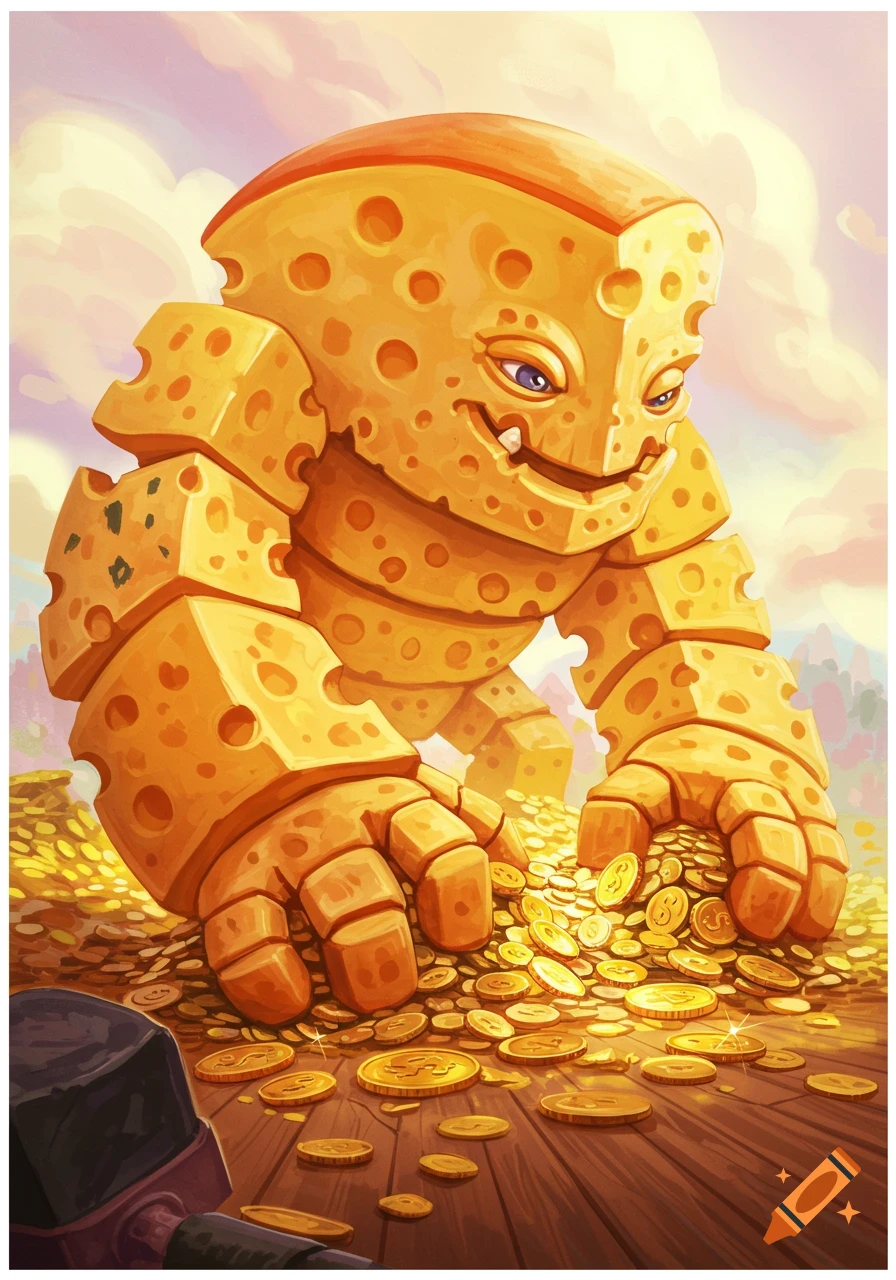 A giant cartoon monster made of cheese collects gold coins. on Craiyon