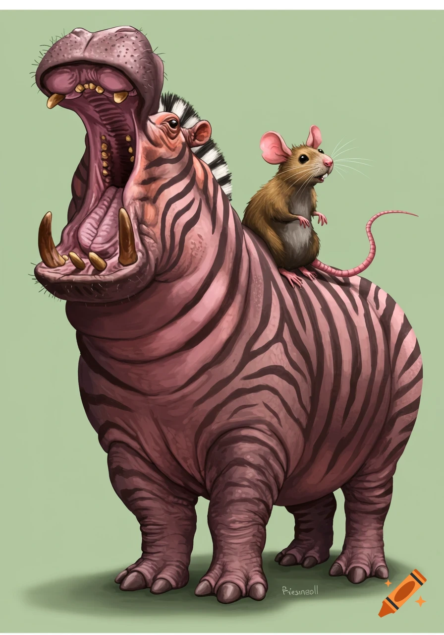 An illustration of a zebra-striped hippo with a rat sitting on its back ...