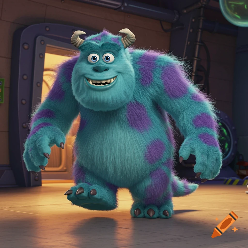 The blue and purple monster Sulley walks forward. on Craiyon