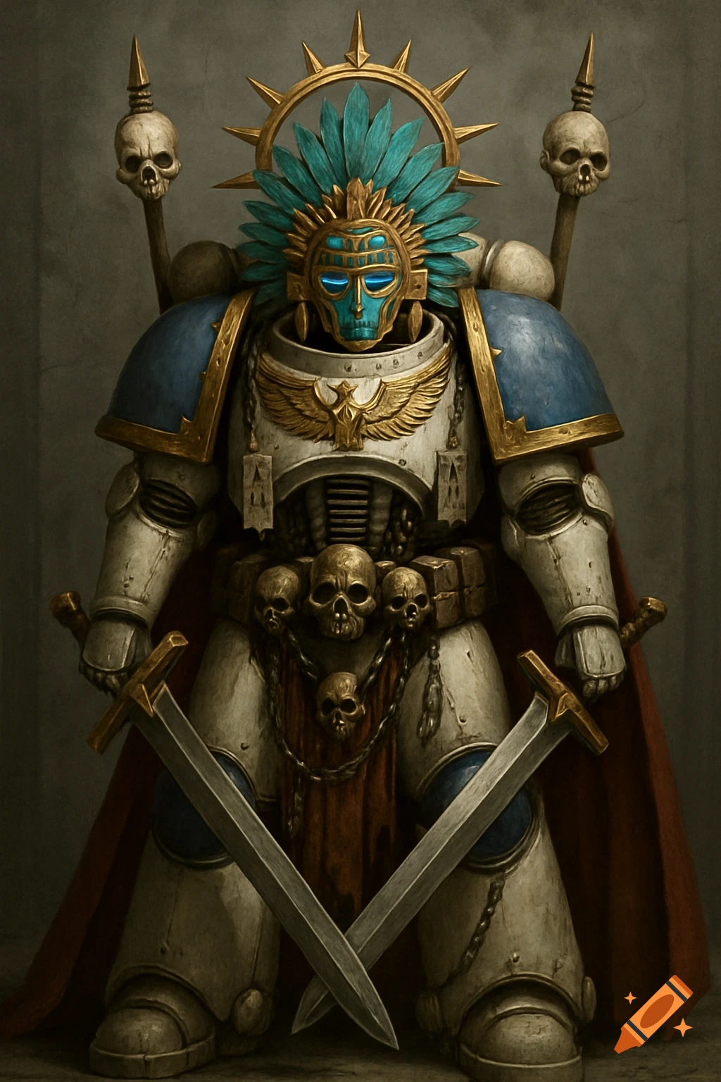 Warhammer 40k Space Marine in white armor with Aztec helmet, blue and ...