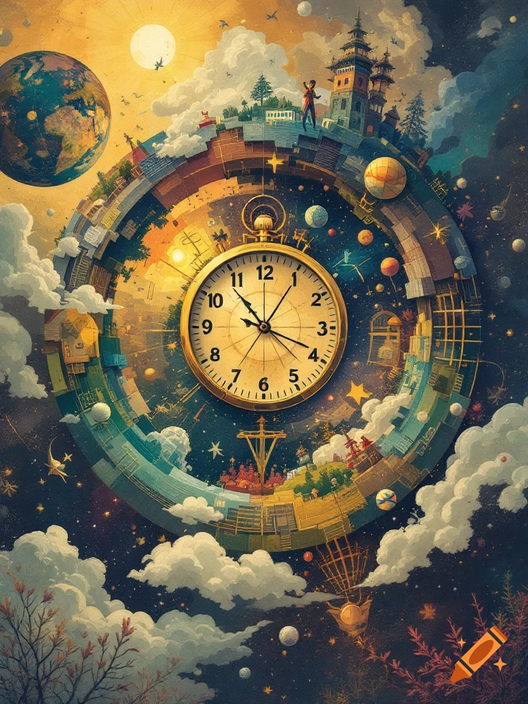 A surreal illustration of a large clock face embedded in a circular ...