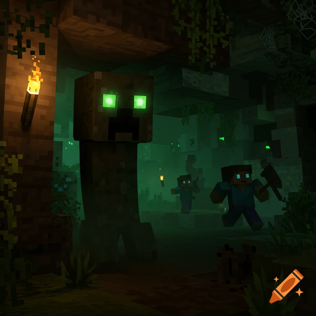 A large Creeper monster with glowing eyes looms over two players in a ...