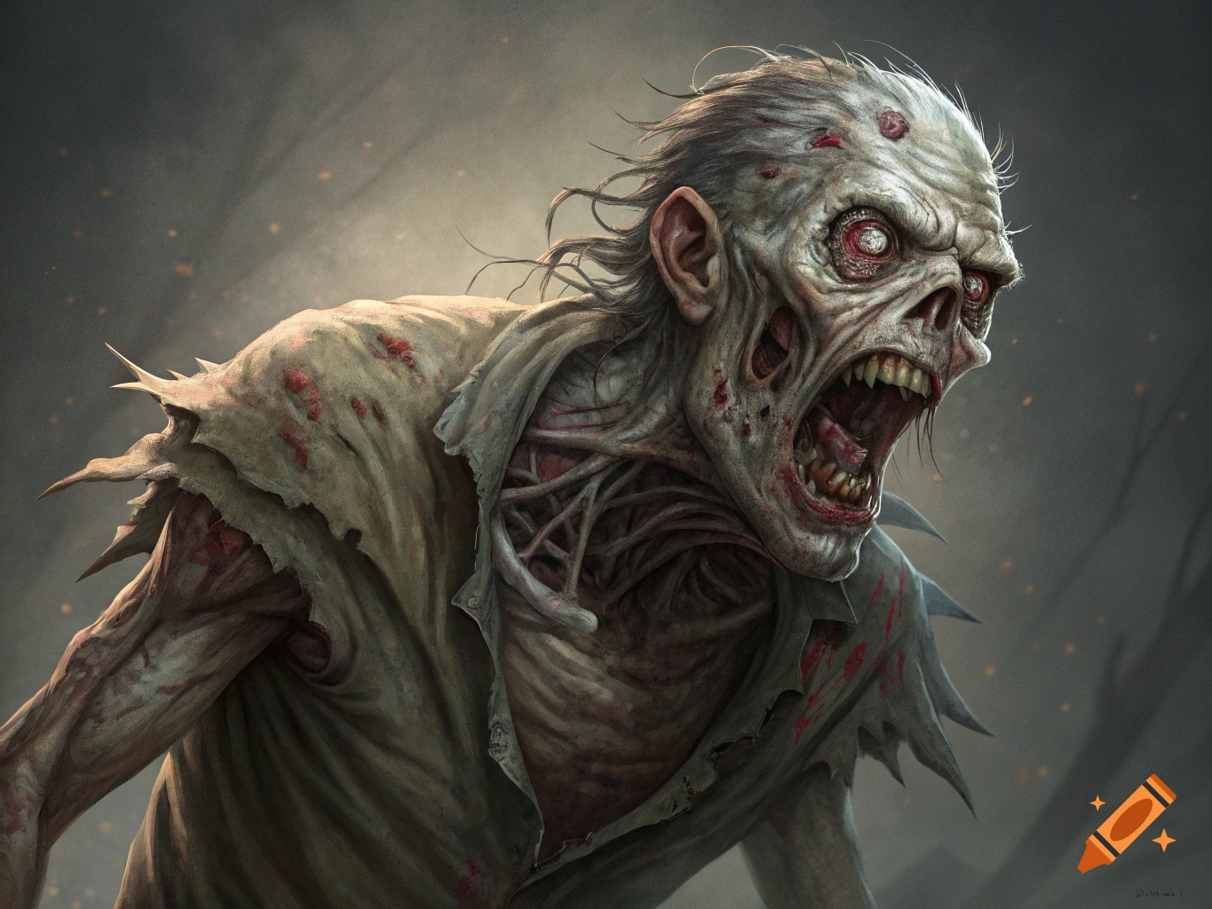 Close-up digital illustration of a horrifying zombie with mangled face ...