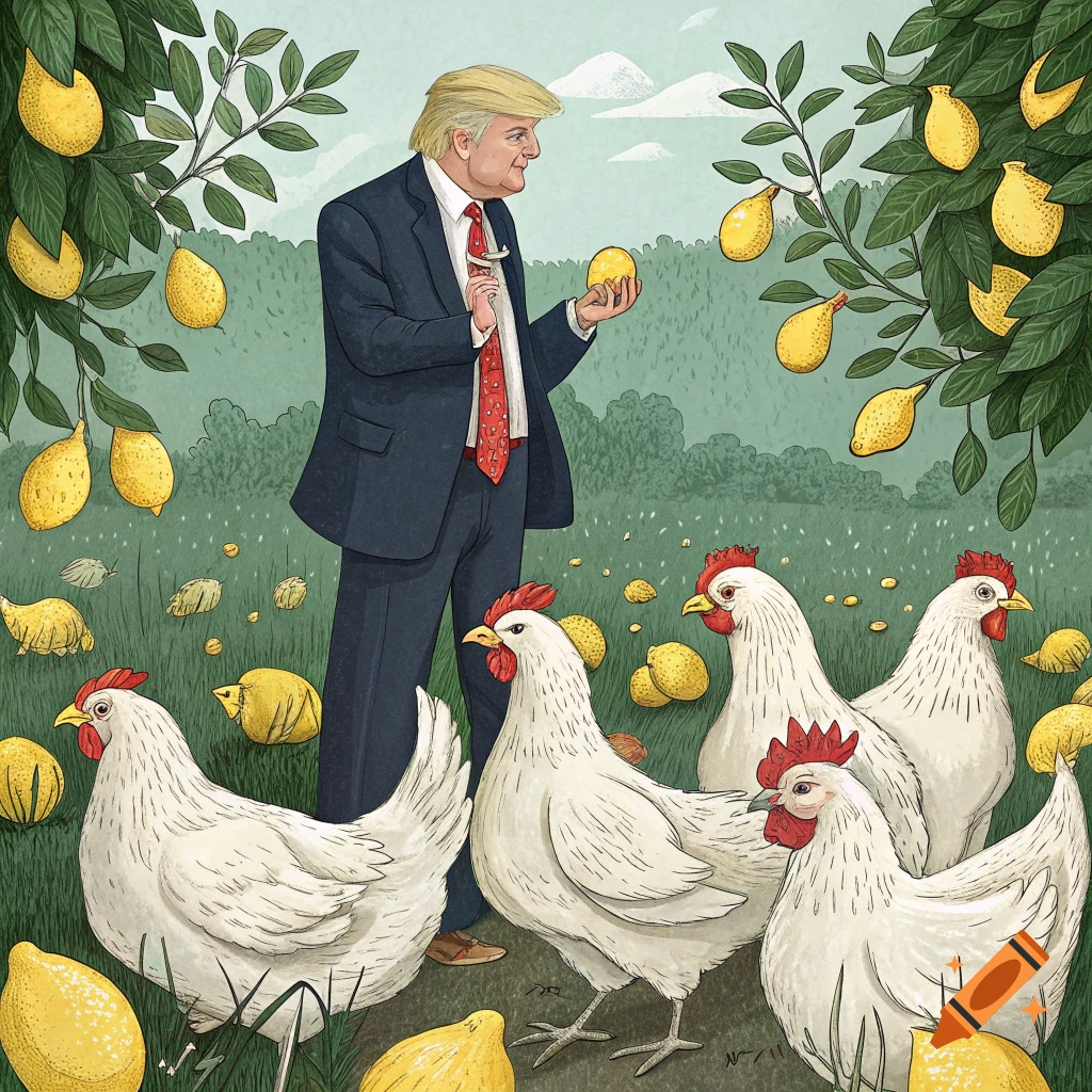 Illustration of Donald Trump among chickens and lemon trees on Craiyon