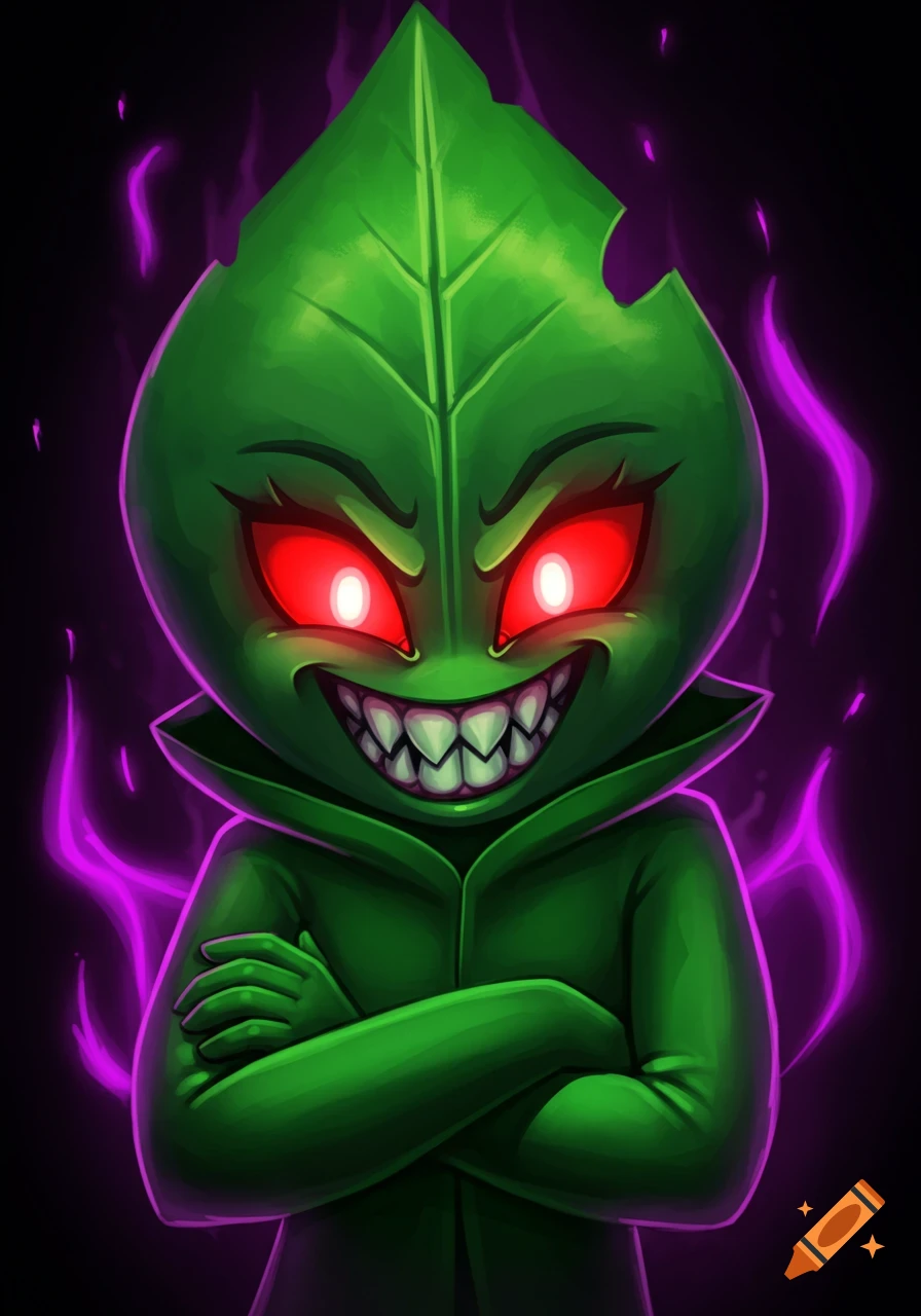 Stylized illustration of an evil green leaf creature with red eyes and ...