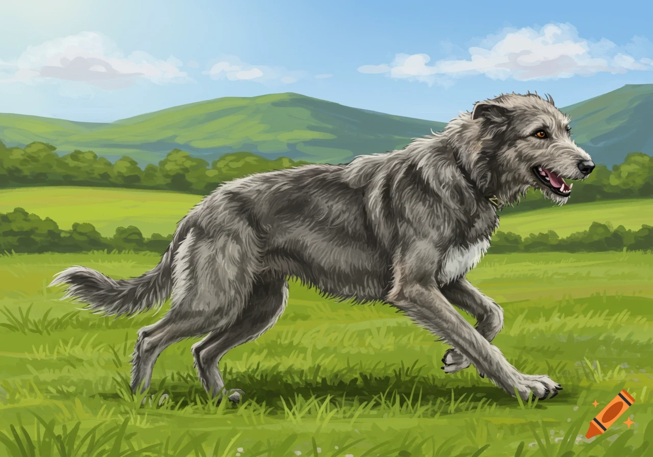 Illustration of an Irish Wolfhound running through a grassy field. on ...