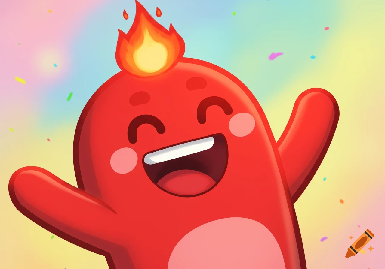 Cute red blob cartoon character with flame on head cheering on Craiyon