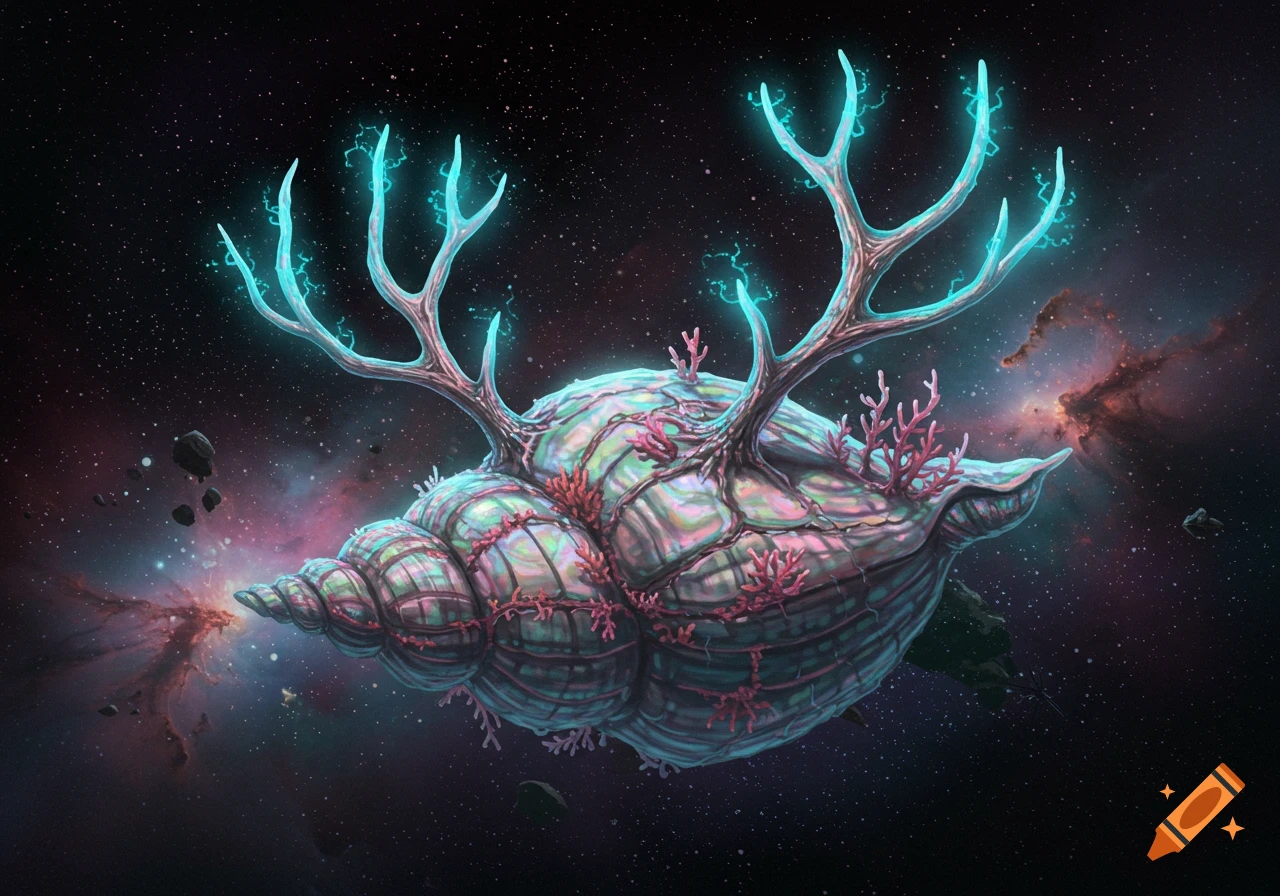 A large, colorful shell-like biological space station with glowing ...