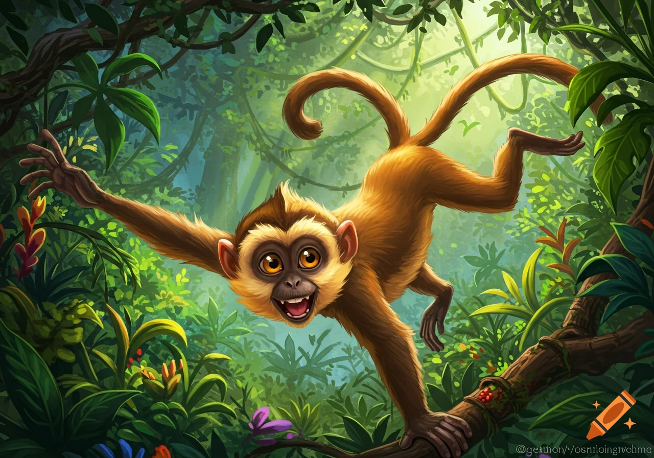 A colorful illustration of a cartoon monkey swinging through a jungle ...