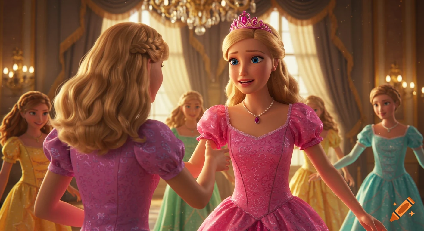 Animated princesses in colorful dresses dancing in a grand ballroom. on ...