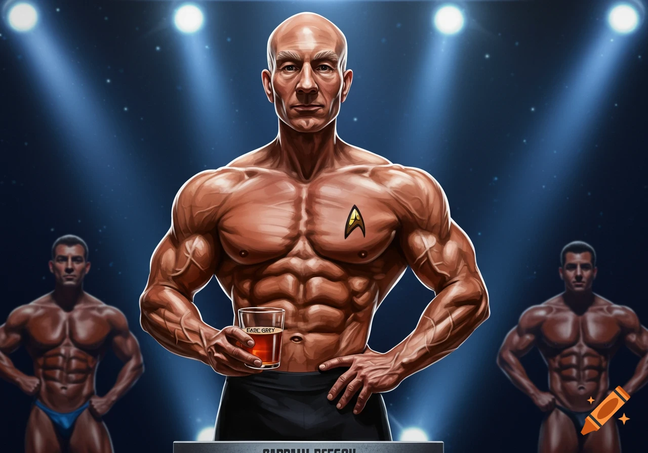 Muscular Captain Picard poses on stage in a bodybuilding competition ...