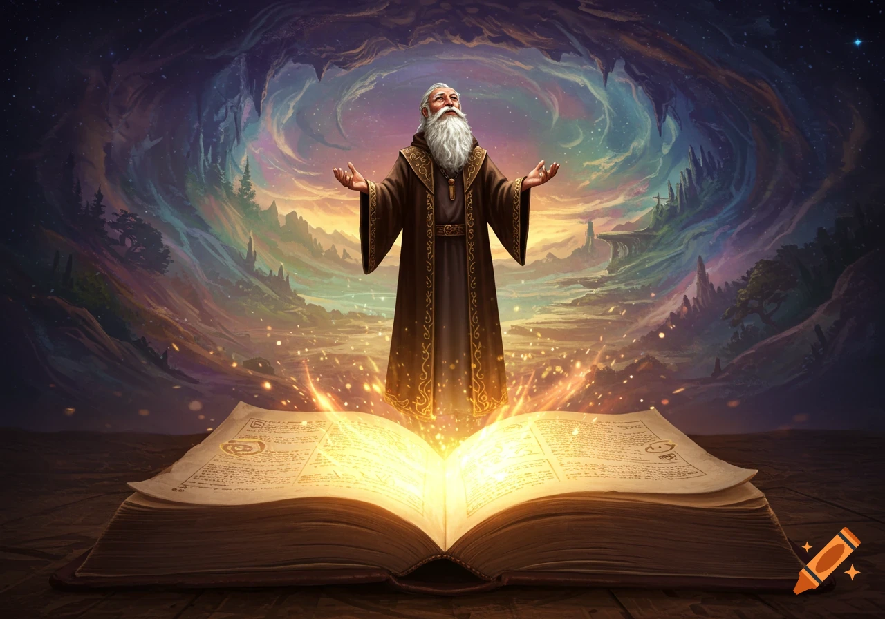 Wizard standing on a glowing magical book in a fantasy landscape. on ...