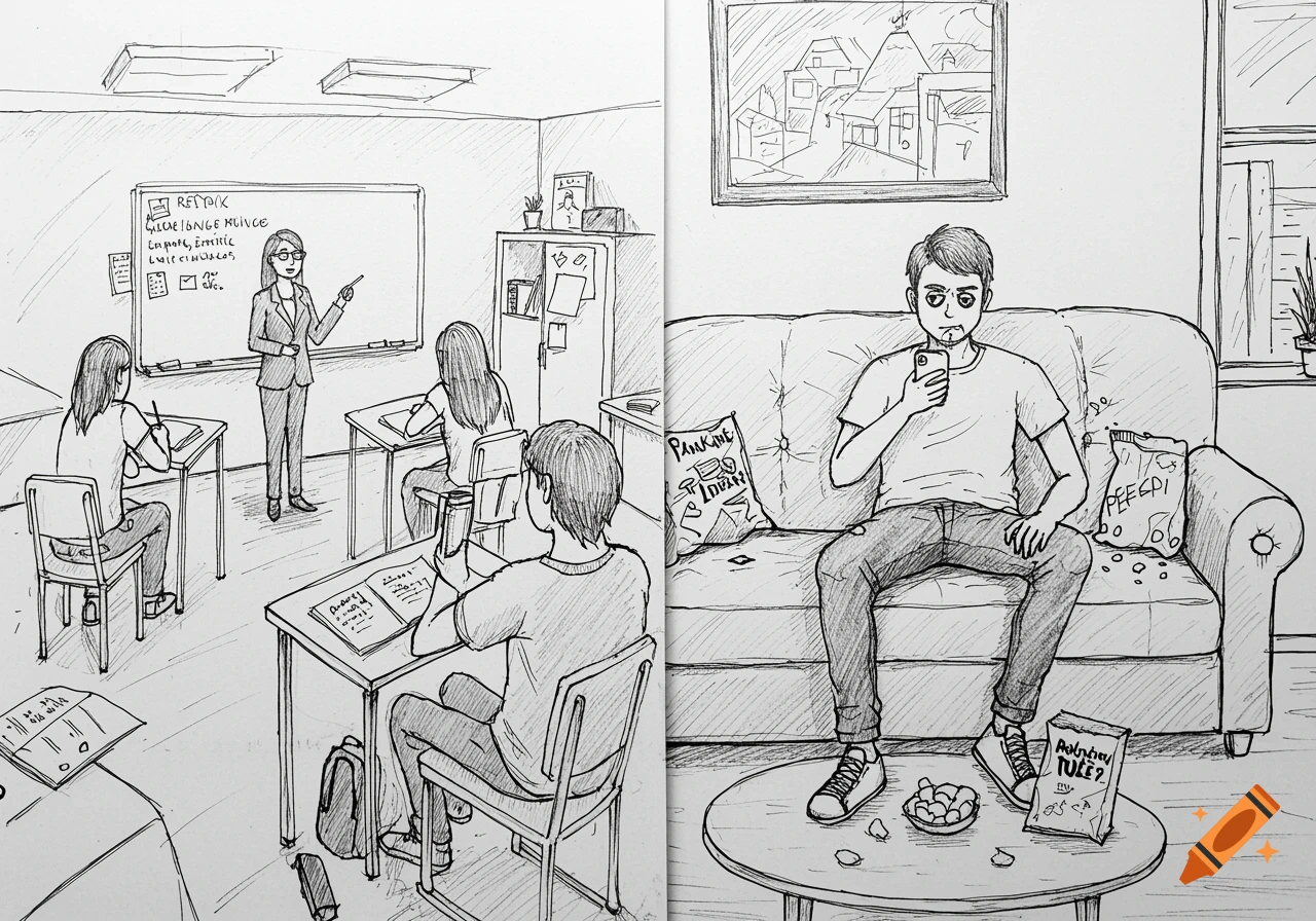 Two-panel sketch showing a classroom scene next to a student relaxing ...