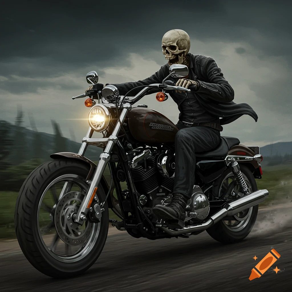 A skeleton rides a motorcycle down a road under a stormy sky. on Craiyon