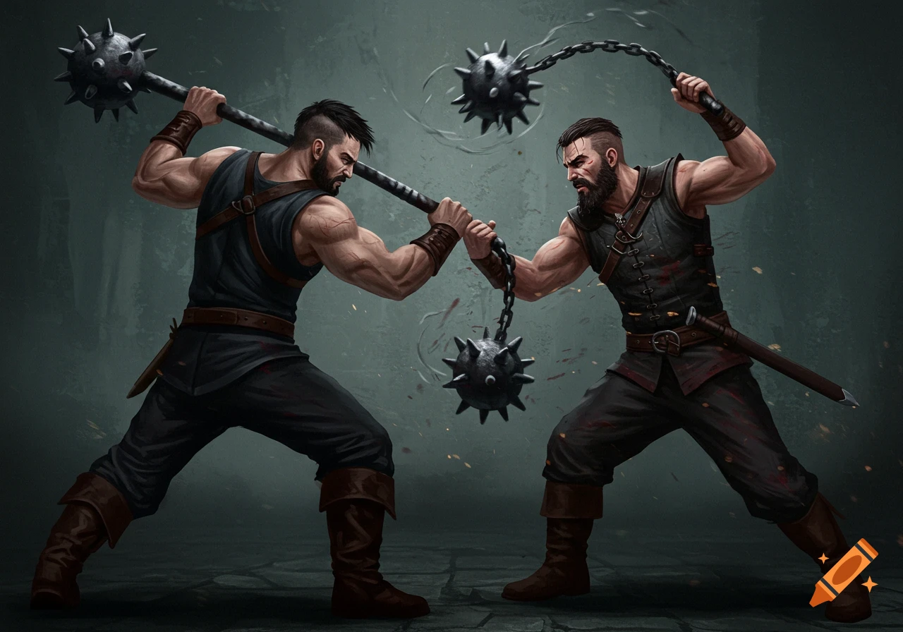 Two men in dynamic poses fighting with flails, digital illustration. on ...