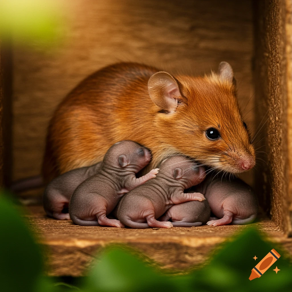 A mother mouse tenderly cuddles her newborn pups in a rustic wooden ...