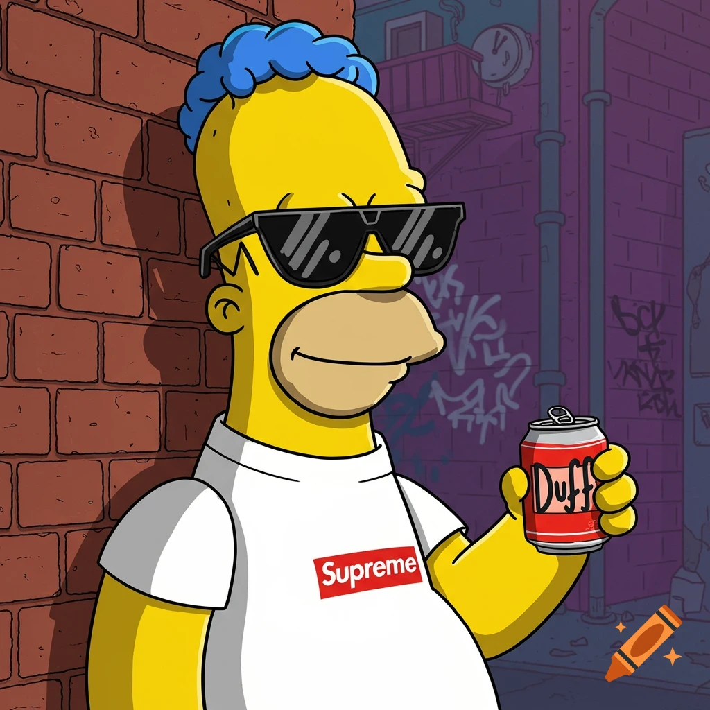 Cartoon Homer Simpson in sunglasses and Supreme shirt holding a Duff ...