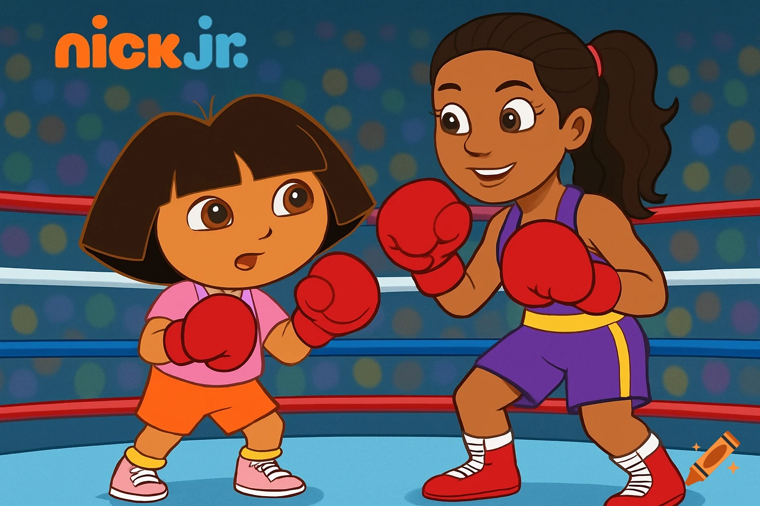 Cartoon of Dora the Explorer and another girl boxing in a ring. on Craiyon
