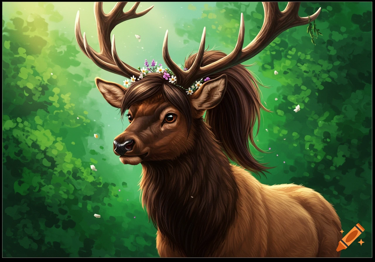 Illustration of a fantasy elk with a ponytail and flower garland in a ...