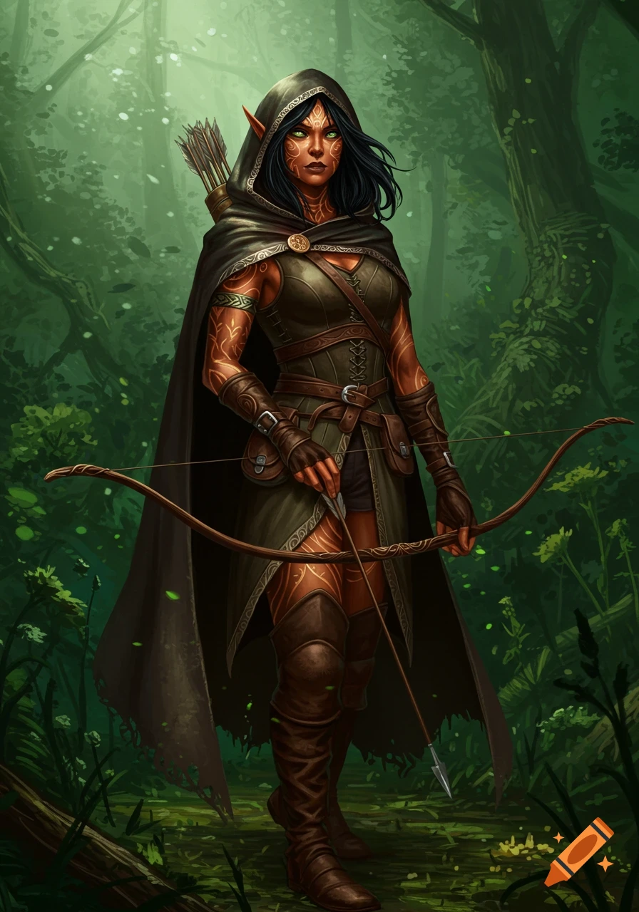 A female elf ranger with a bow and arrow stands in a forest. on Craiyon