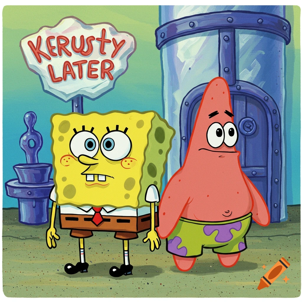 SpongeBob and Patrick stand outside a building with a 'KERUSTY LATER ...