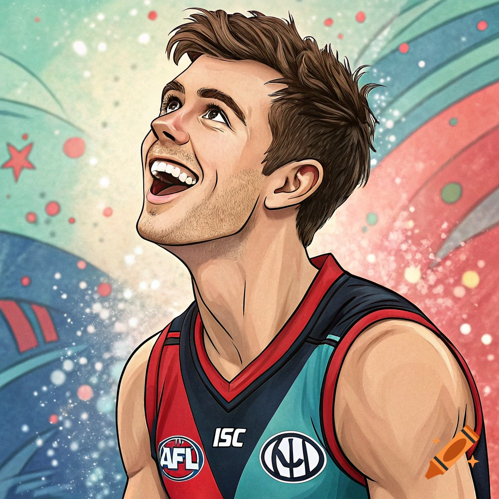 Cartoon portrait of a man in an AFL jersey smiling and looking up. on ...