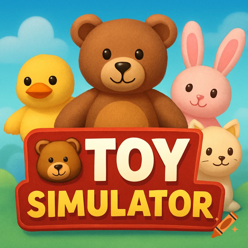 Logo for Toy Simulator featuring a bear, duck, bunny, and cat plush ...