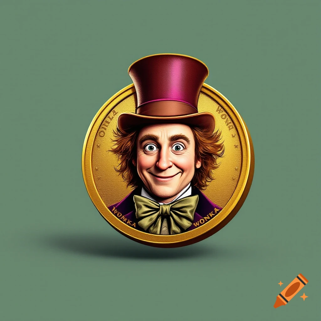A gold coin featuring a stylized cartoon face of Willy Wonka wearing a ...