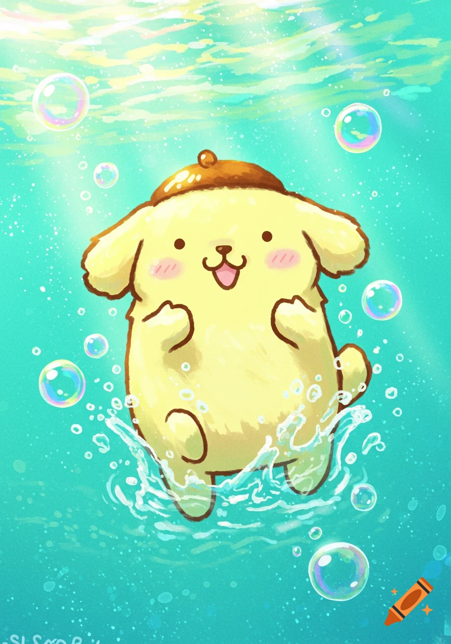 Pompompurin swims in blue water with bubbles, illustration on Craiyon