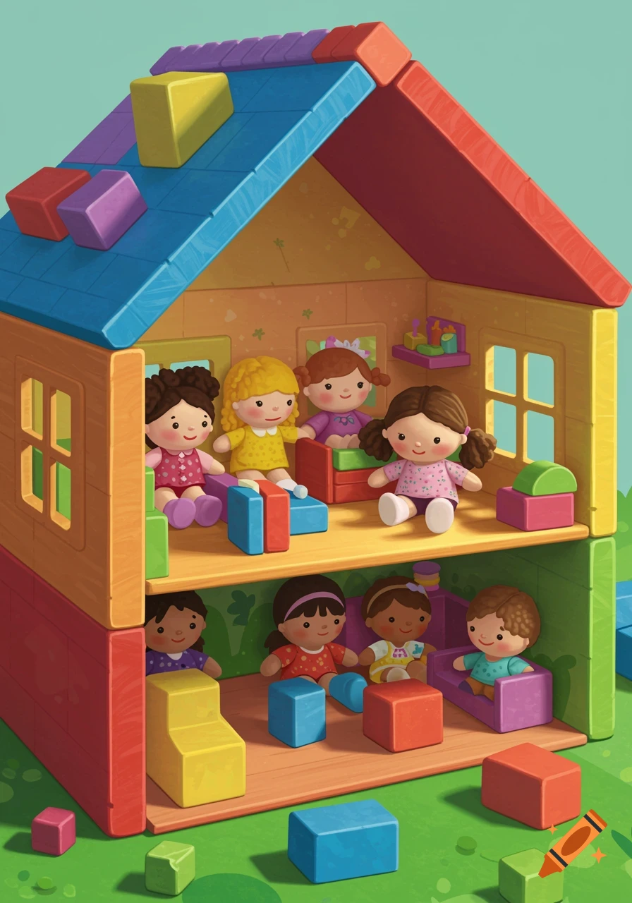 Colorful toy house made of building blocks with several plush dolls ...
