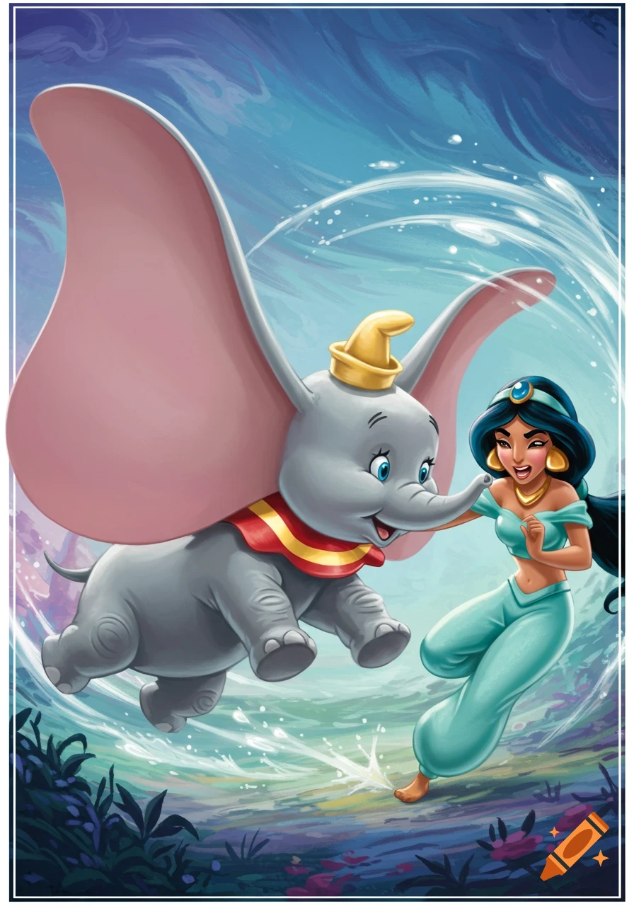 Cartoon illustration of Dumbo flying next to Princess Jasmine in a ...