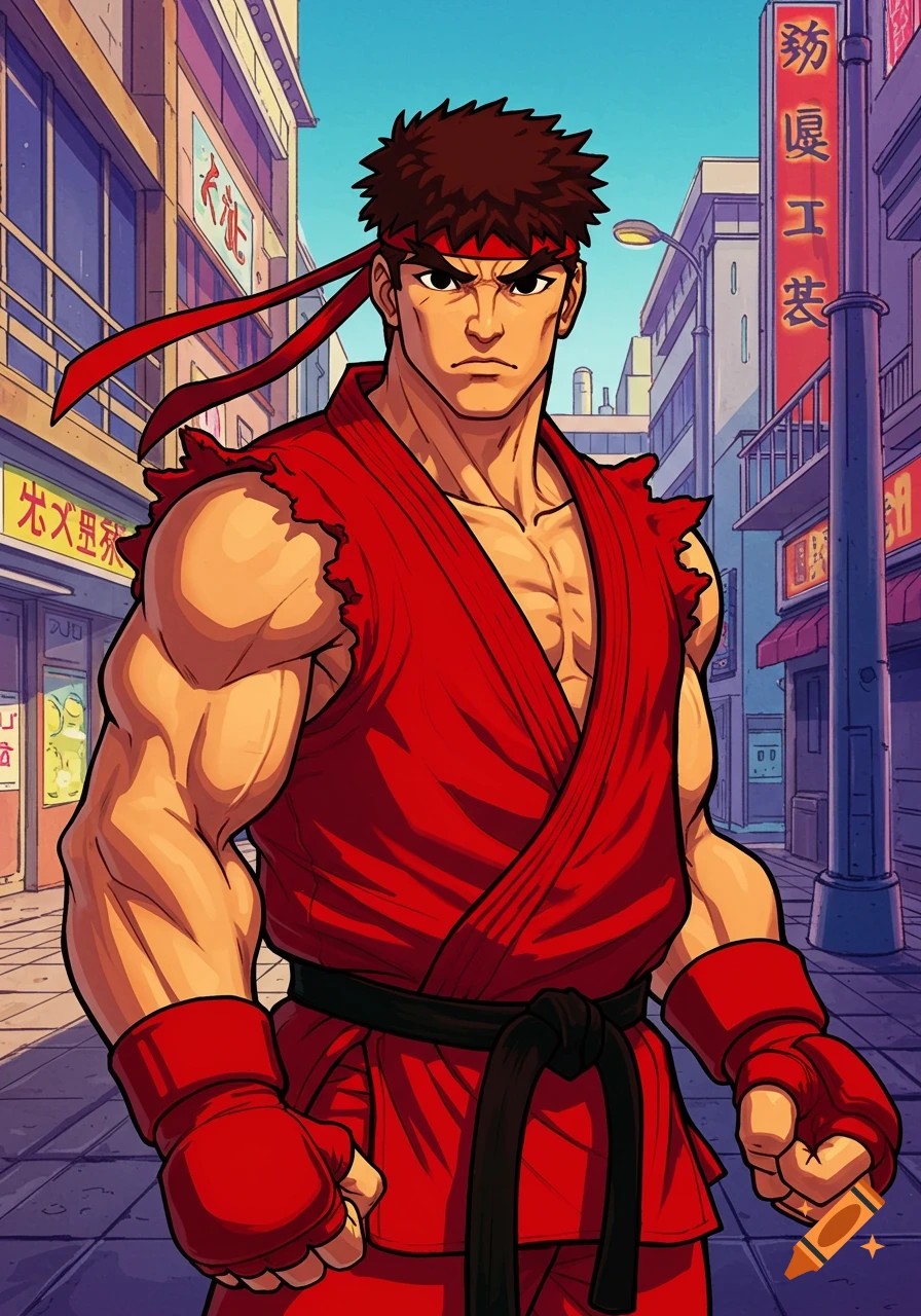 Ryu from Street Fighter in a red gi, standing in an anime style city ...
