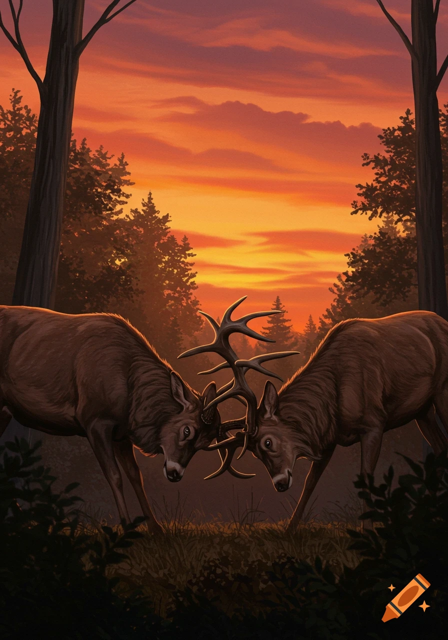 Two deer with locked antlers fighting in a forest at sunset ...