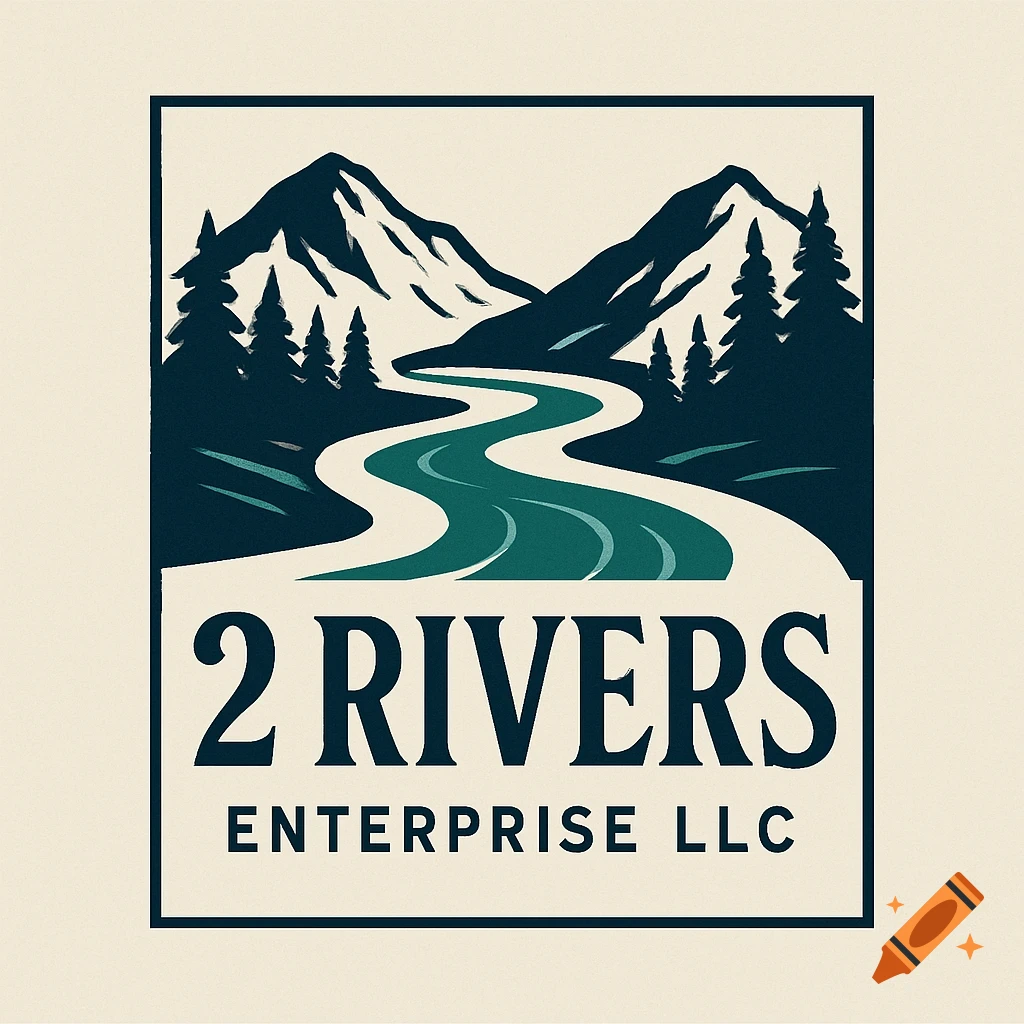 Logo design with mountains, river, trees, and '2 RIVERS ENTERPRISE LLC ...