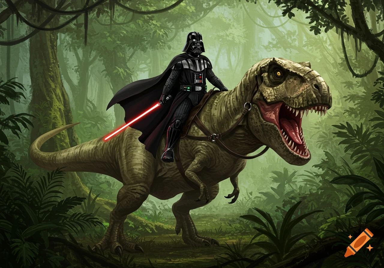 Illustration of Darth Vader riding a T. Rex through a jungle. on Craiyon