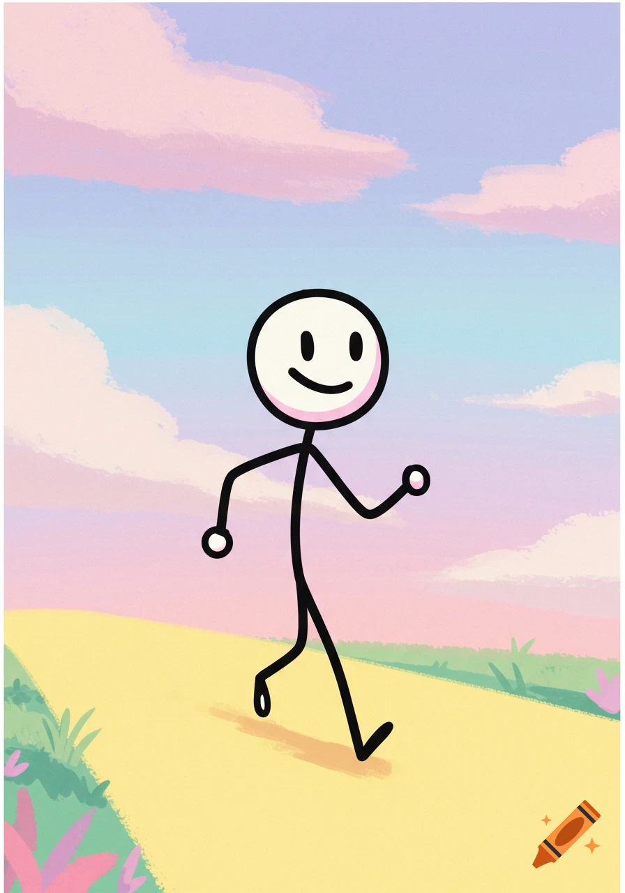 A simple stickman character walks on a path with a pastel sky ...