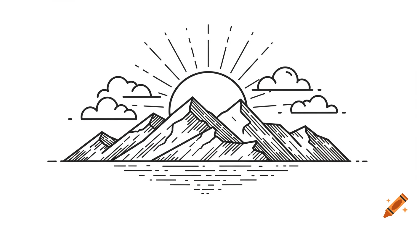 Line art illustration of mountains with a sun behind them and water in ...