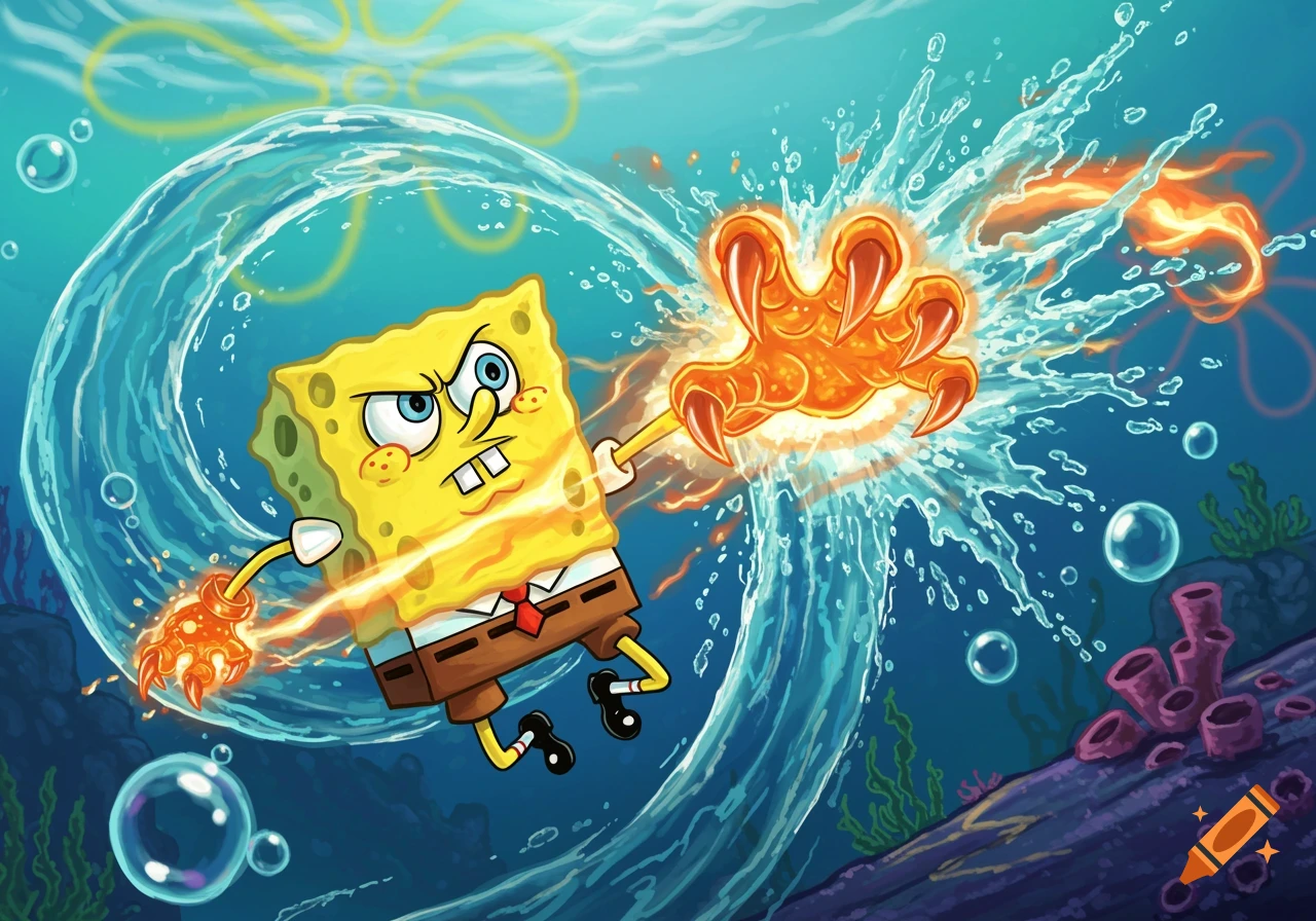 Spongebob Squarepants using a fiery dragon claw attack underwater on ...