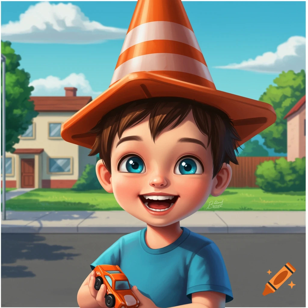 Cartoon child wearing a traffic cone hat, holding a toy car and smiling in a street. on Craiyon