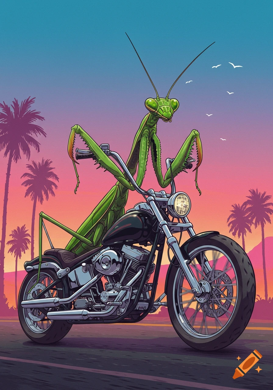 Illustration of a praying mantis riding a motorcycle past palm trees at ...