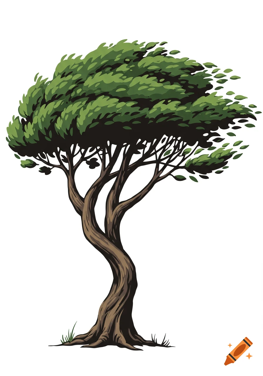 Stylized illustration of a tree bending in the wind. on Craiyon