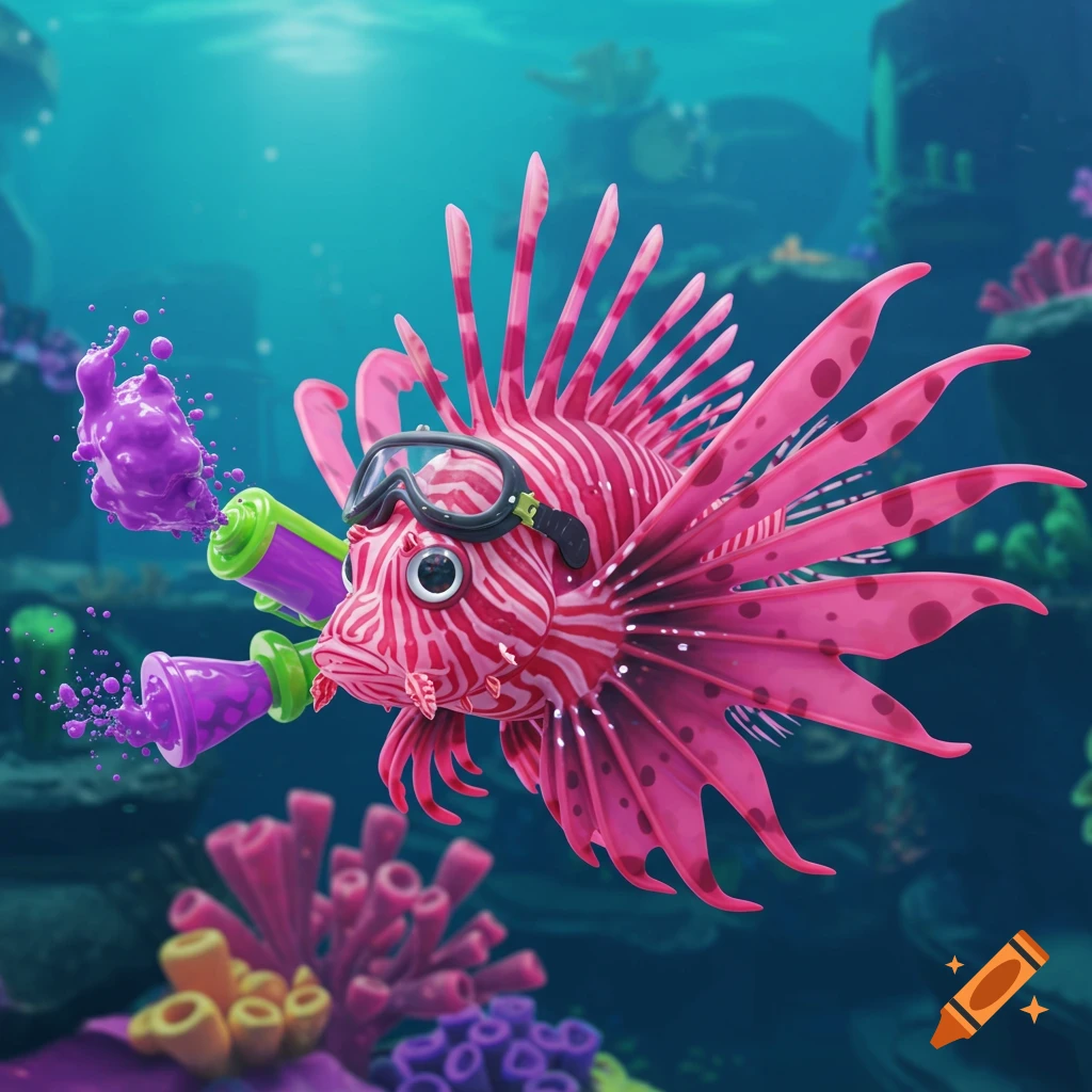 A pink lionfish wearing goggles and shooting purple ink underwater in a ...
