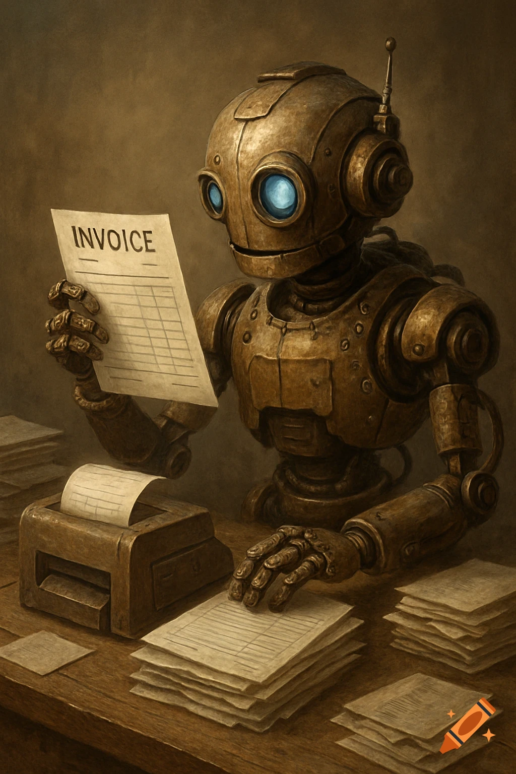 A steampunk robot sits at a desk, holding up an invoice and surrounded ...