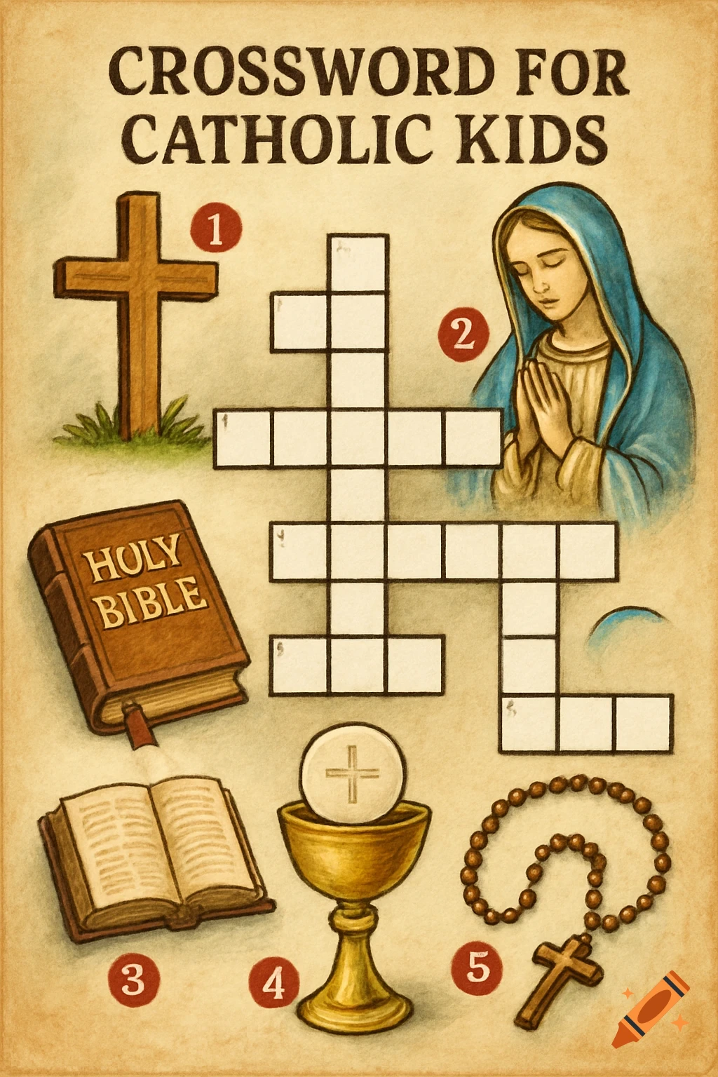 Illustrated crossword puzzle with Catholic symbols including a cross ...