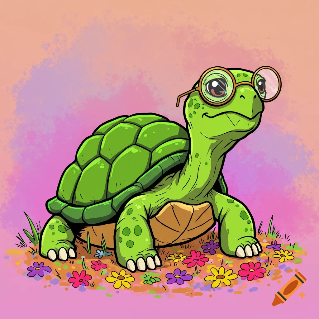 A cartoon turtle with glasses stands in a field of colorful flowers. on ...