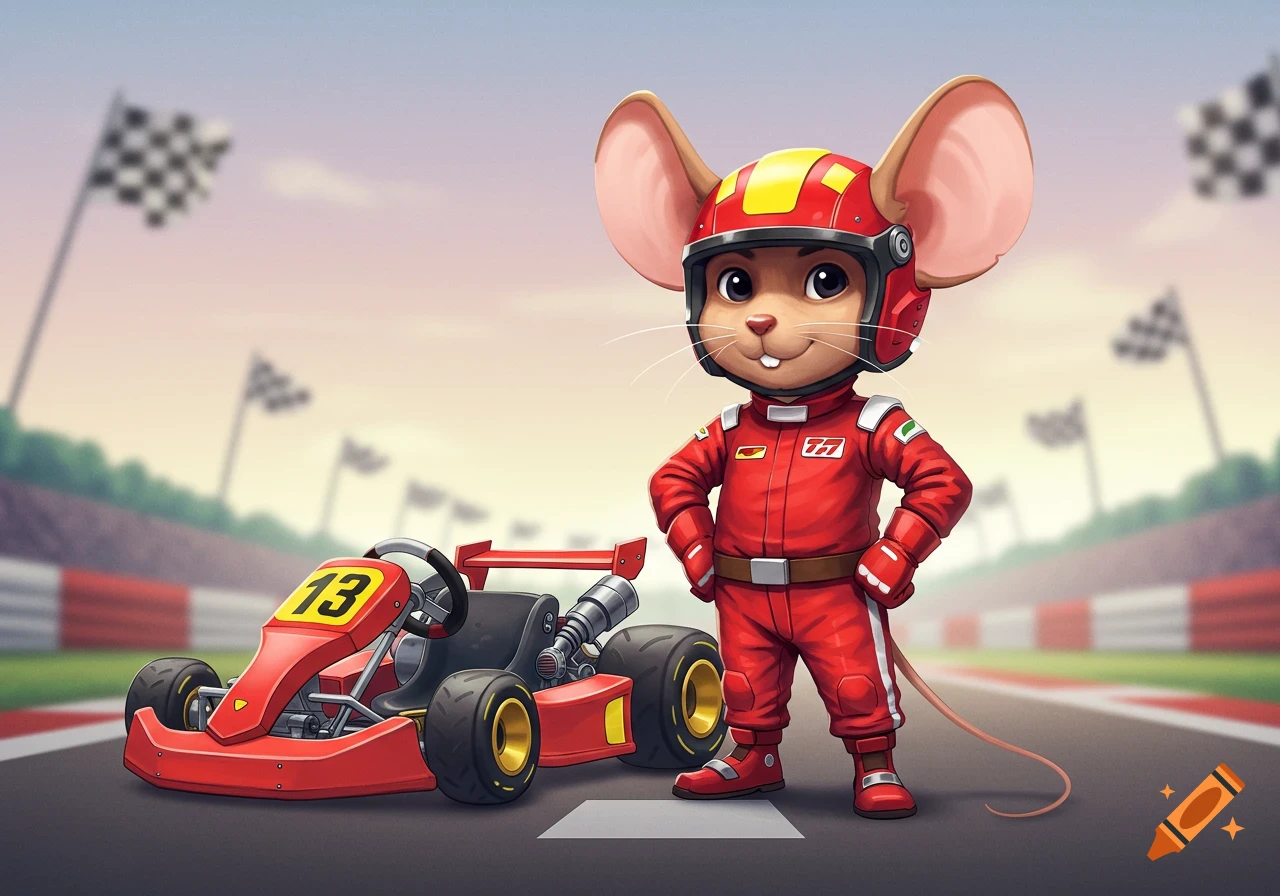 Cartoon mouse in a red racing suit standing next to a red go-kart on a ...